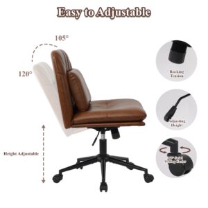 Polarisys Criss Cross Office Chair Armless Desk Chair with Wheels Pu Leather Cross Legged Office Chair, Wide Brown Desk Chairs Cross Legged Meditation Chair with Lumbar Cushion for Home & Office