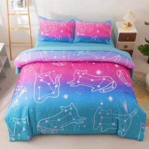 podol 5 pieces gradient cat glitter bedding set for girl pink blue ombre comforter set full size ultra soft bed in a bag with 1 comforter, 2 pillowcases, 1 flat sheet, 1 fitted sheet