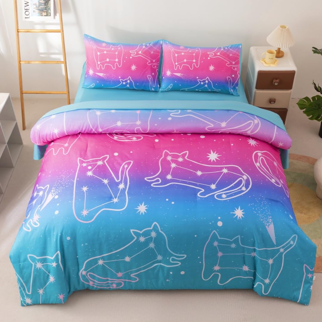 Podol 5 Pieces Gradient Cat Glitter Bedding Set for Girl Pink Blue Ombre Comforter Set Full Size Ultra Soft Bed in A Bag with 1 Comforter, 2 Pillowcases, 1 Flat Sheet, 1 Fitted Sheet