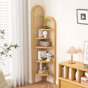 miusocal 5-tier corner shelf stand, corner shelves corner display, solid wood frame with resin rattan weave, fan-shaped corner bookcase, display rack with legs, fits tight spaces(natural)