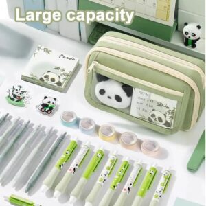 Cute Panda Pencil Case, Aesthetic Panda Bag Organizer with Compartment, Large Capacity Cute Pencil Case with Stickers Brooch Keychain, Pencil Pouch Stationery with Zipper (Green)