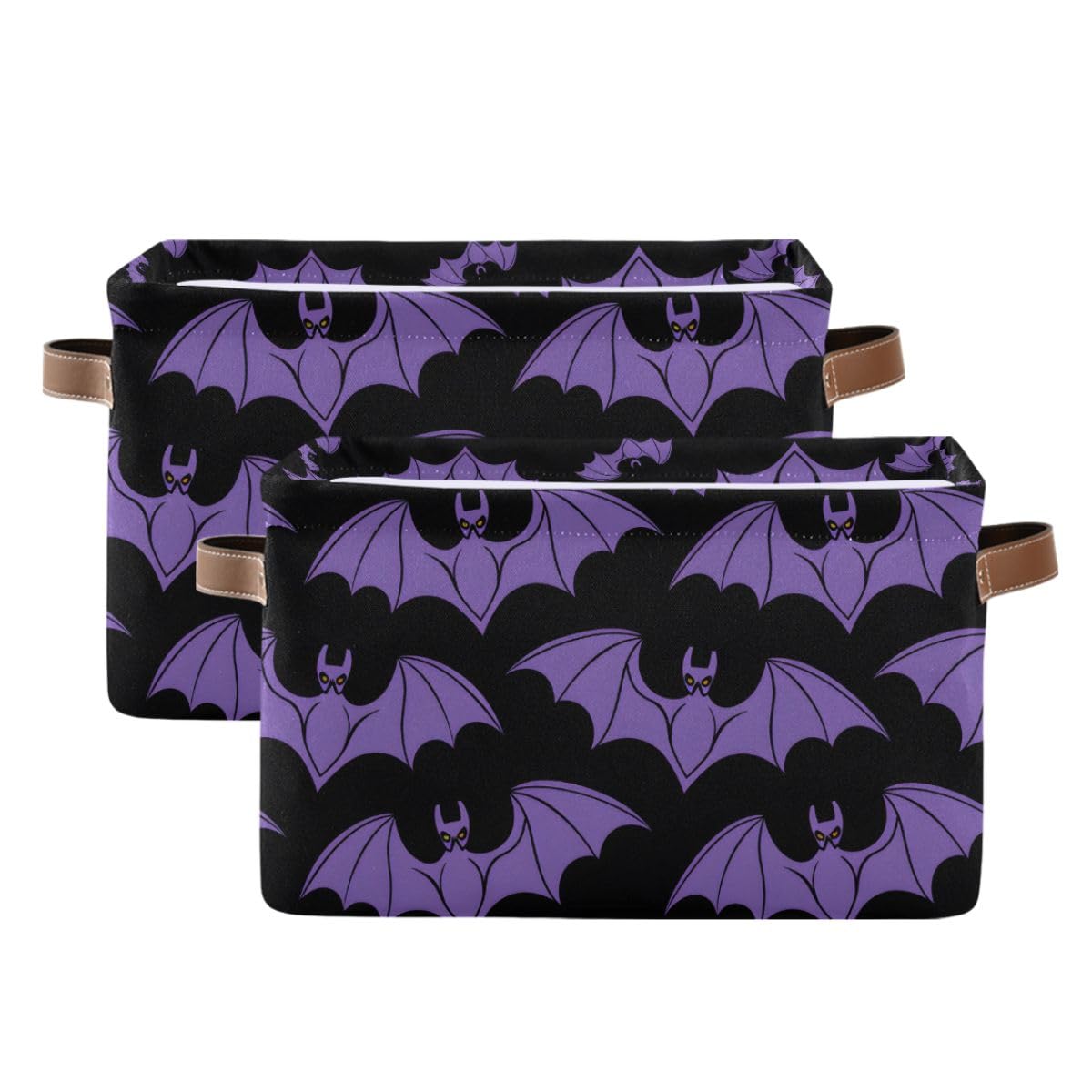 Storage Basket Halloween Purple Bat Canvas Collapsible Box Organizer Bin with Handles