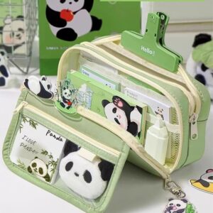 Cute Panda Pencil Case, Aesthetic Panda Bag Organizer with Compartment, Large Capacity Cute Pencil Case with Stickers Brooch Keychain, Pencil Pouch Stationery with Zipper (Green)