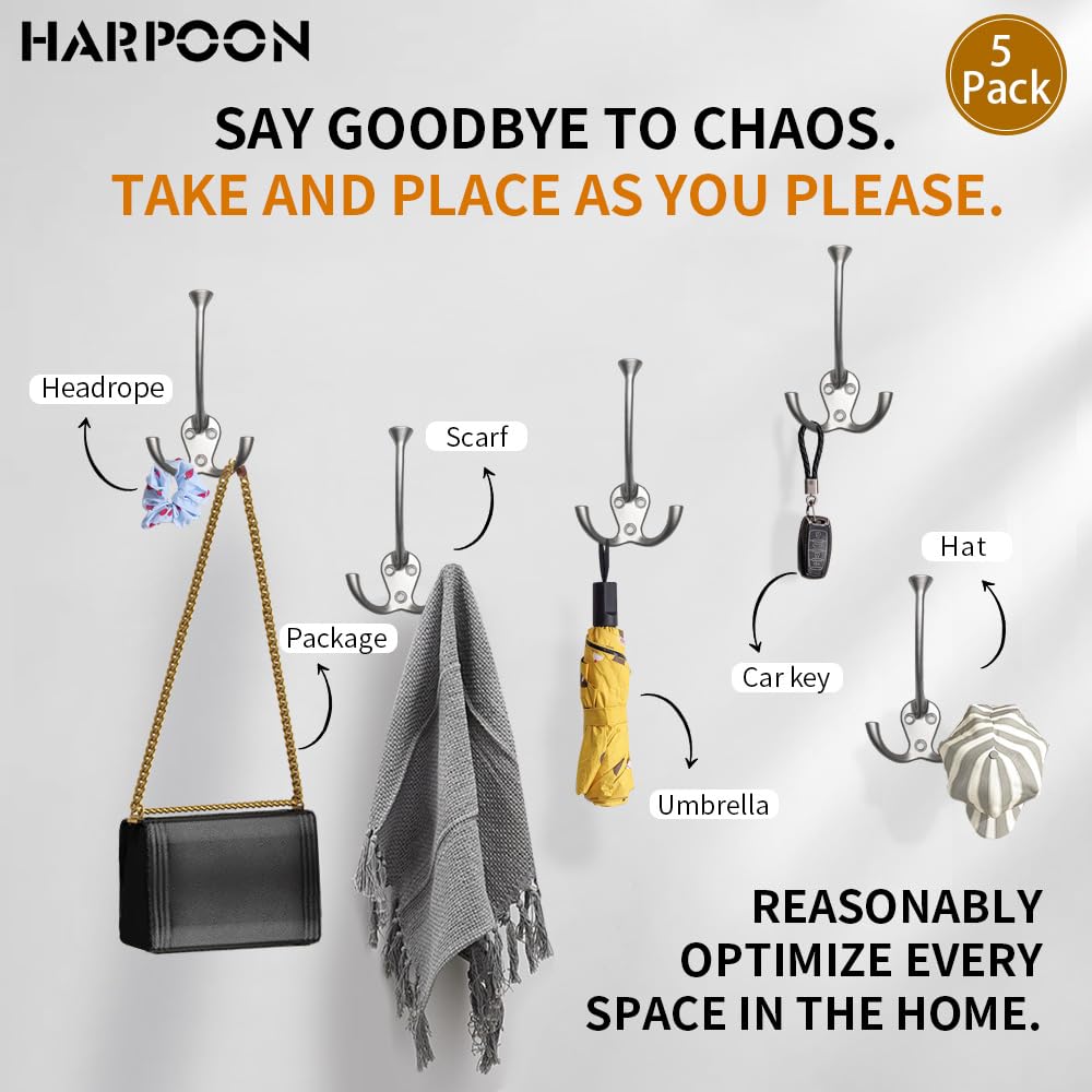 HARPOON 2 Pack Heavy Duty Three Flared Prongs Coat Hooks, Wall Mounted with 6 Screws, Retro Tri-Hook, Utility Hooks for Scarf, Bag, Towel, Key, Cap, Cup, Hat Satin Nickel