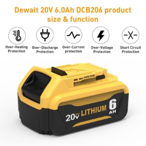 Xmenany DCB206 6.0Ah Replacement for Dewalt 20V MAX Battery Lithium ION DCB204 DCB201 DCB203 DCB181 DCB180 DCD/DCF/DCG/DCS Series Cordless Power Tools,4PACK