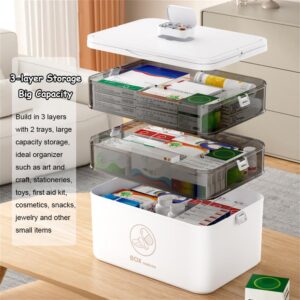 3-Tier Medicine Storage Box, Empty Family Emergencies First Aid Kit Container, Portable Plastic Medicine Storage Organizer Holder Multipurpose Box with Handle for Home, Travel (White)