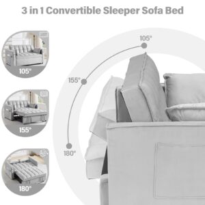 Convertible Sofa Bed,3-in-1 Velvet Sleeper Couch Pull-Out Bed,55'' Loveseat Sleeper Sofa Bed with Adjustable Backrest with 2 Pillows and Storage Bag & USB Port and Hidden Side Computer Table,Gray