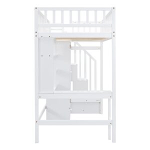 Bellemave Twin Size Loft Bed with Desk, Multifunctional Loft Beds Twin with Bookshelf,Stairs, Wardrobe and Drawer for Kids Boys Girls Bedroom, Solid Wood Loft Bed Frame with Storage,White