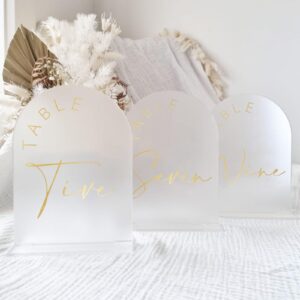 jinmury frosted arch wedding table numbers 1-10 with stands, 5x7 inch frosted acrylic arch sign with gold lettering, frosted and gold table numbers for wedding