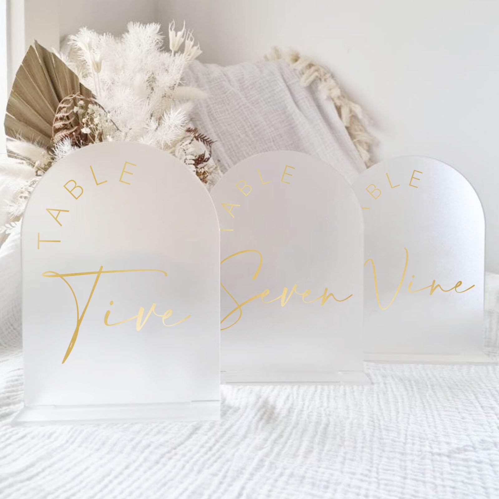 JINMURY Frosted Arch Wedding Table Numbers 1-10 with Stands, 5x7 Inch Frosted Acrylic Arch Sign with Gold Lettering, Frosted and gold Table Numbers for Wedding