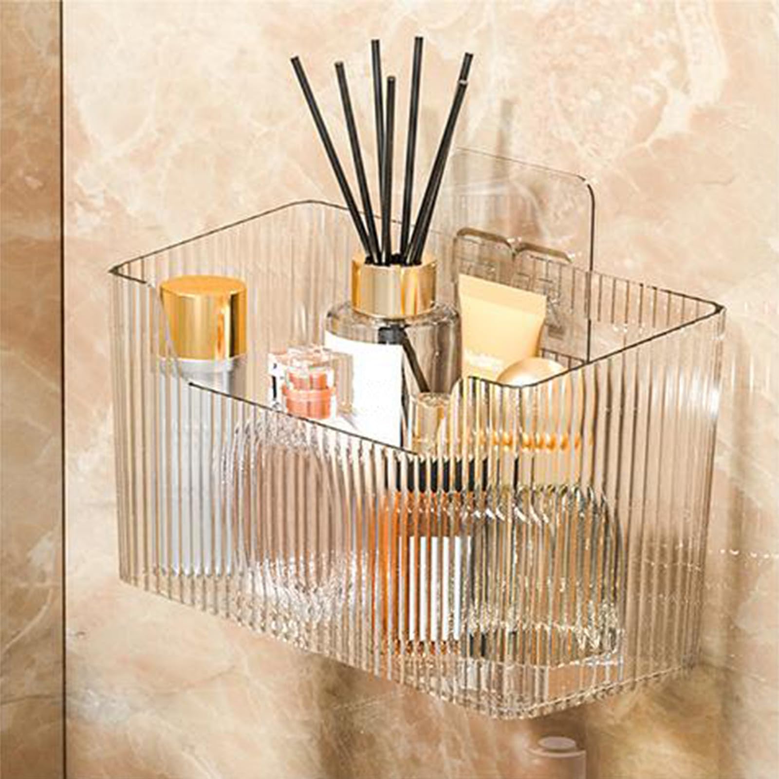 Adhesive Shower Caddy - Shower Shelves - Wall Mounted Small Storage Organizer Box - Plastic Basket, Bottom Open Drains Water, No Drilling, for Bathroom, Pantry, Kitchen, Laundry, Utility Room