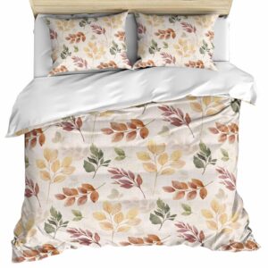 lsrtoss orange green yellow botanical full duvet cover set for all season, fall maple leaf rustic microfiber 3 piece bedding set with 2 pillowcases & 1 quilt cover, 86" w x 86" l, full size