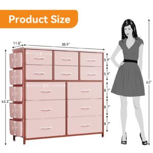 Pink 12 Drawer Dresser for Bedroom, Fabric Dressers & Chests of Drawers with Side Pockets, Chest of Drawers for Closet, Living Room, Closet, Hallway