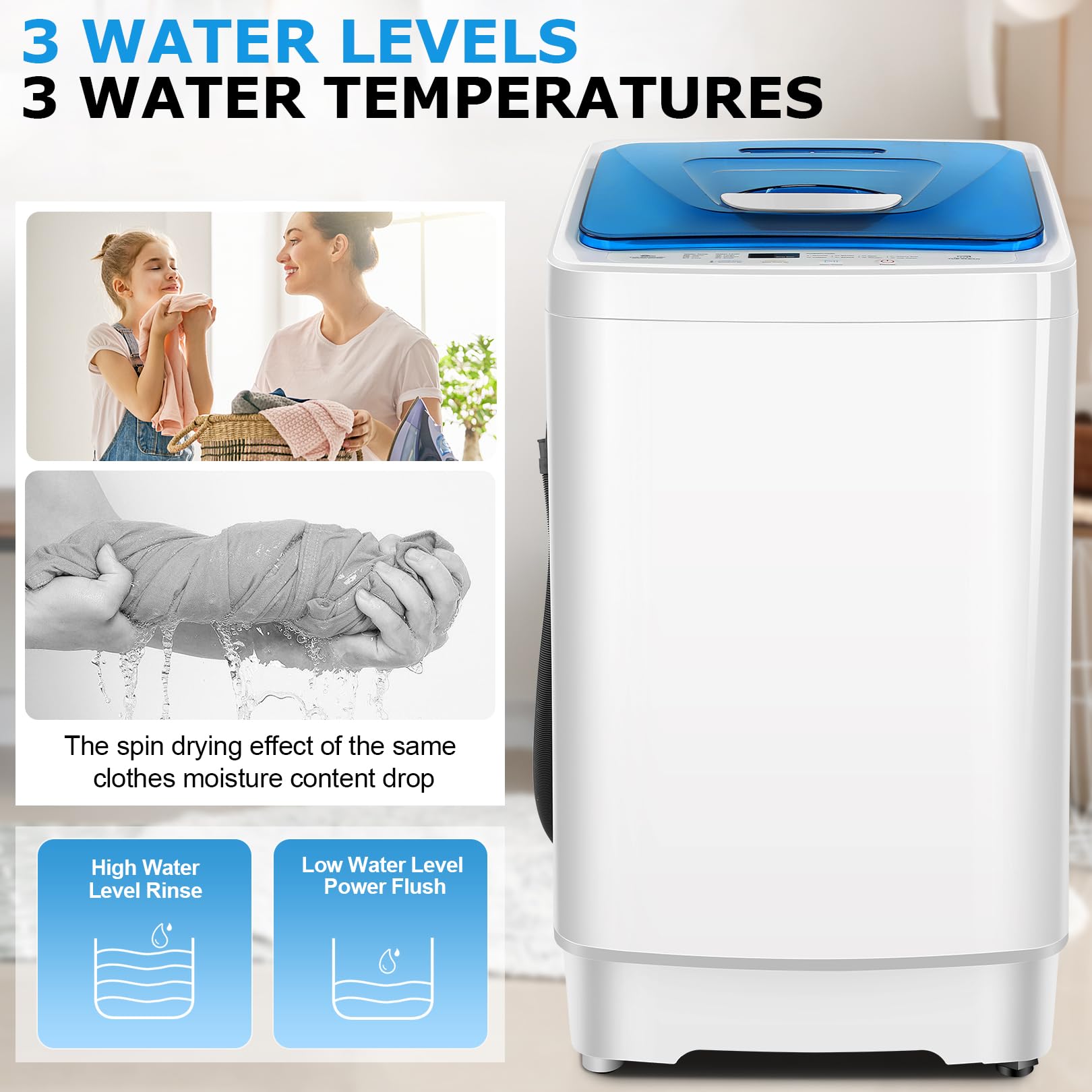 Nictemaw Portable Washing Machine 17.8Lbs Portable Washer 2.3 Cu.ft Full Automatic Washer and Dryer Combo with 8 Programs 3 Water Temps 3 Water Levels, Drain Pump, Wheels, for Apartment Home RVs