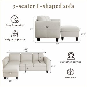 Couches for Living Room - Sectional Sofa L Shaped Cloud Couch-Small Modular 3 Seat-Comfy Linen with Storage Deep Seat Sofa,Washable Covers-Suitable for Living Room-Apartment-Office-Bedroom-Beige