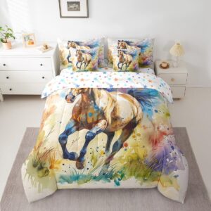 jejeloiu girls horse twin comforter set with sheets tie dye galloping horse 7 pieces bedding set for kids boys teens room decor cute animal decor bed in a bag twin size farmhouse bed set