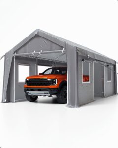 vortextove carport 13 x 20 ft, portable garage with 4 roll-up windows and 4 doors for all season, reinforced frames, for sedans and trucks, gray