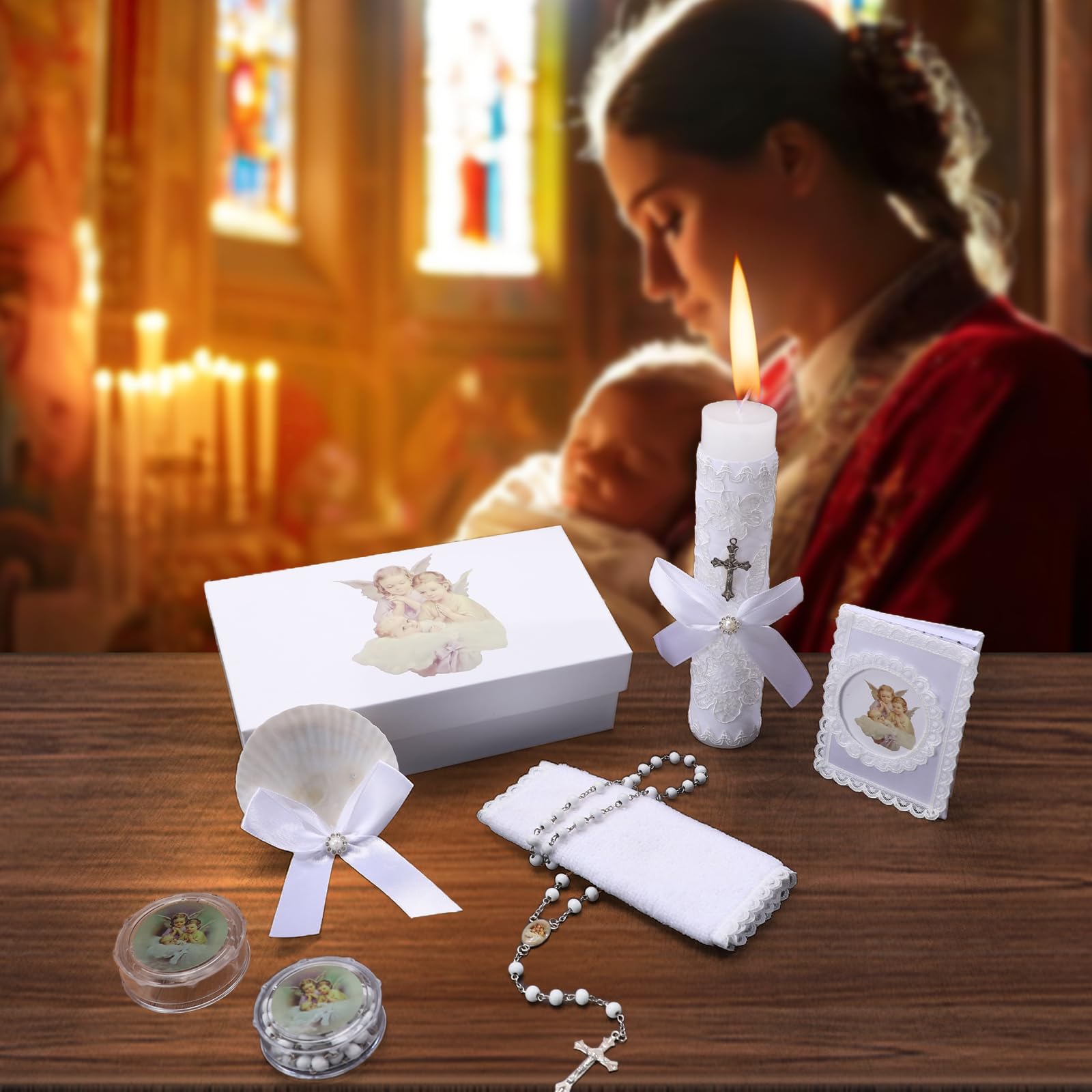 Baptism Candle Set for Boys and Girls,5 PCS Baptism Kit Catholic Candle,Baptism Towel,Shell,Rosary,Bible for Baby Dedication Christening Gift,Velas para Primera Comunión De Niño Bautizo De Niña