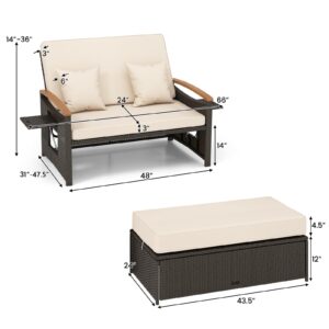 Moccha Outdoor Wicker Daybed, Patio Rattan Loveseat Sofa w/ 4-Level Adjustable Backrest, Folding Panels, Storage Ottoman & Cushions, Lounge Furniture Set for Poolside Backyard Porch (Beige)