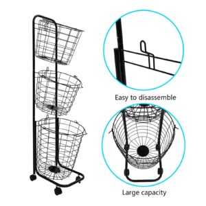 BAOKALER Removable 3 Tier Metal Rolling Laundry Basket Cart,Large Capacity Wire Basket Laundry Hamper with Wheels, Laundry Butler for Bathroom Bedroom Laundry Room