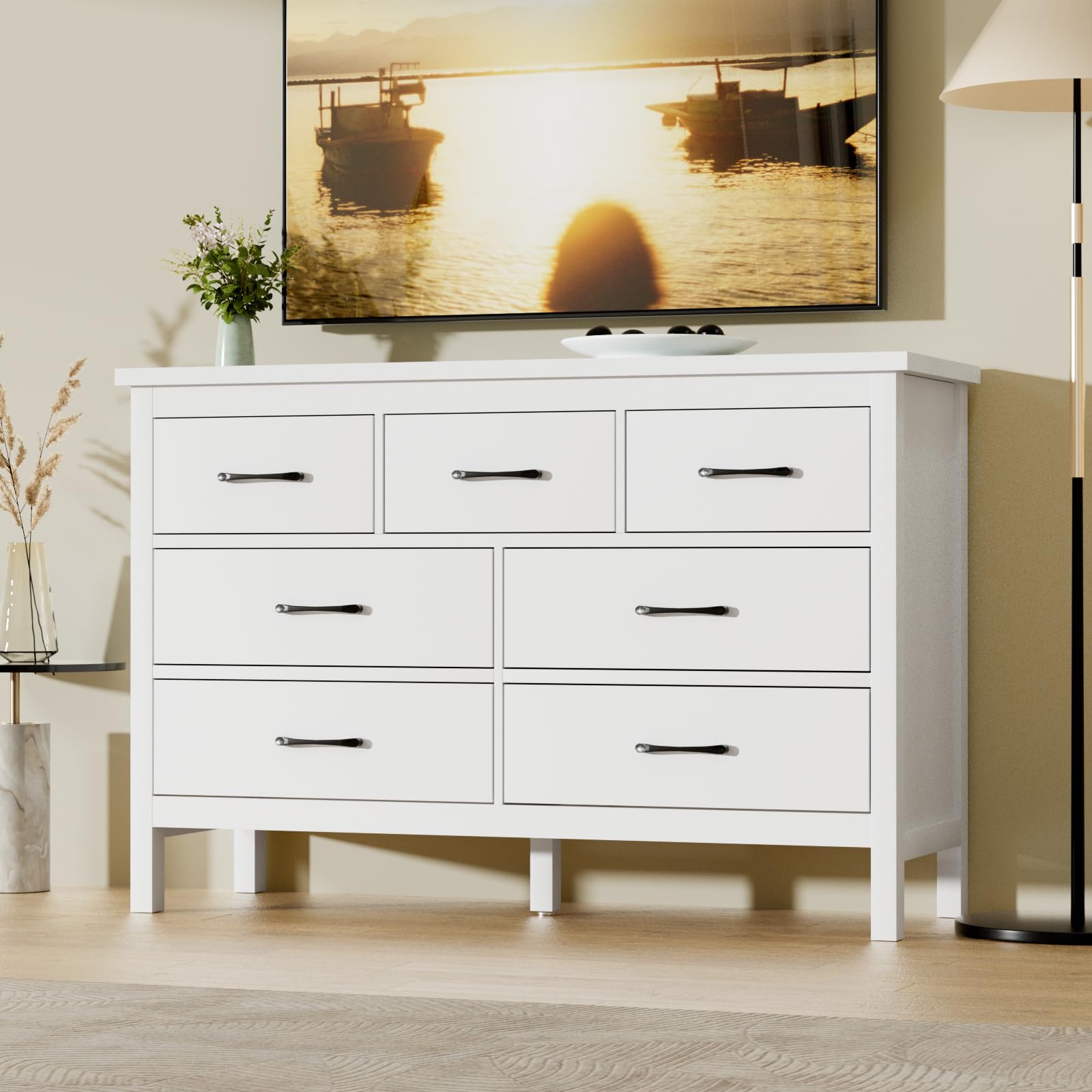 CARPETNAL White Dresser for Bedroom, 7 Drawer Dresser with Wide Drawers and Metal Handles, Woode Dressers & Chests of Drawers for Hallyway, Entryway.