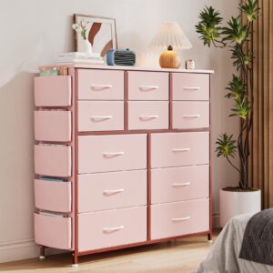 pink 12 drawer dresser for bedroom, fabric dressers & chests of drawers with side pockets, chest of drawers for closet, living room, closet, hallway