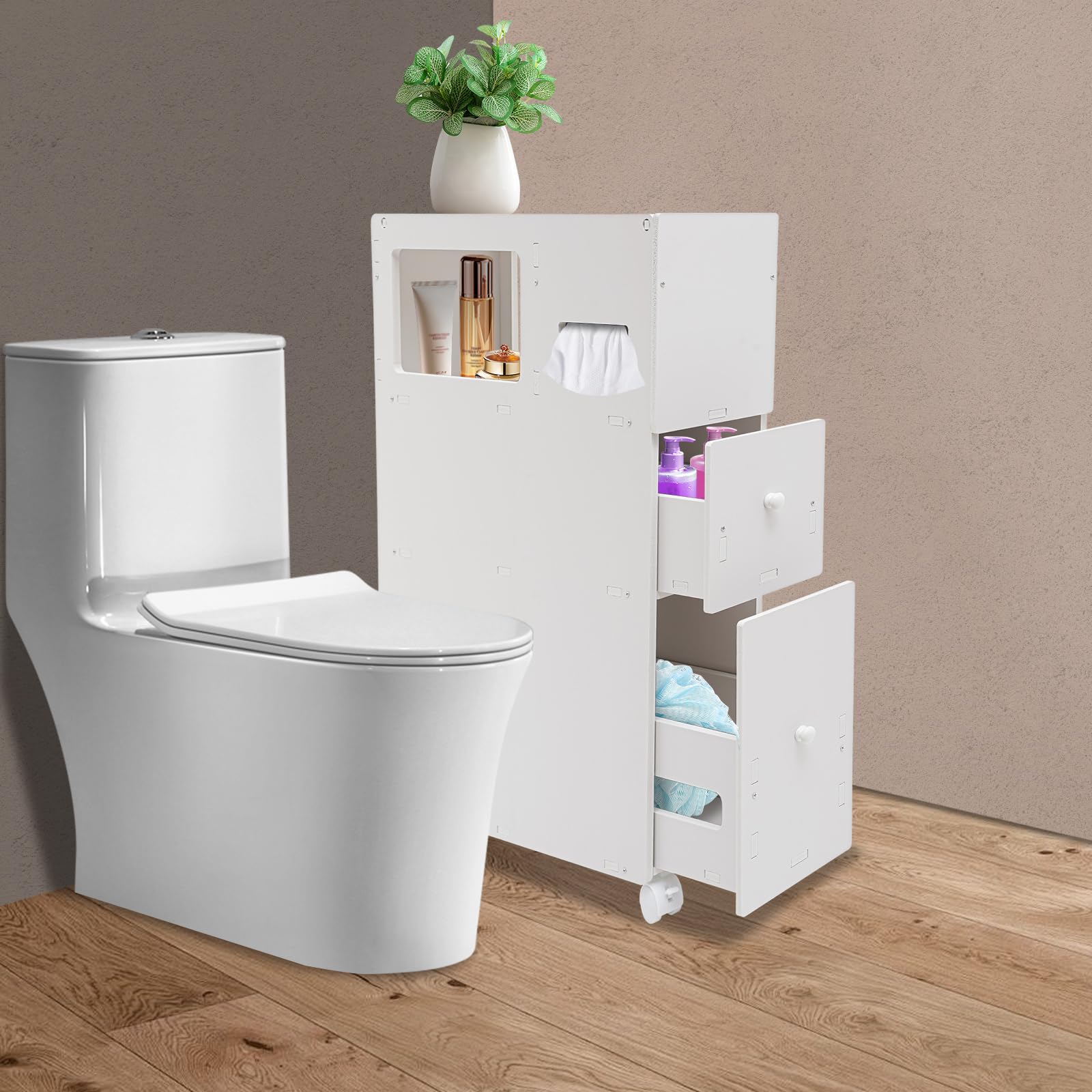 HIYTCU Slim Bathroom Storage Cabinet, Free Standing Toilet Paper Holder, Bathroom Cabinet Slide Out Drawer Storage for Bathroom, Hallway, Living Room, Study, Bedroom