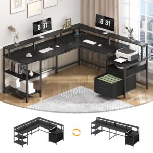 yomiluve l shaped desk with file drawer and storage shelves, reversible computer desk with power outlet for home office, corner gaming desk with full monitor stand