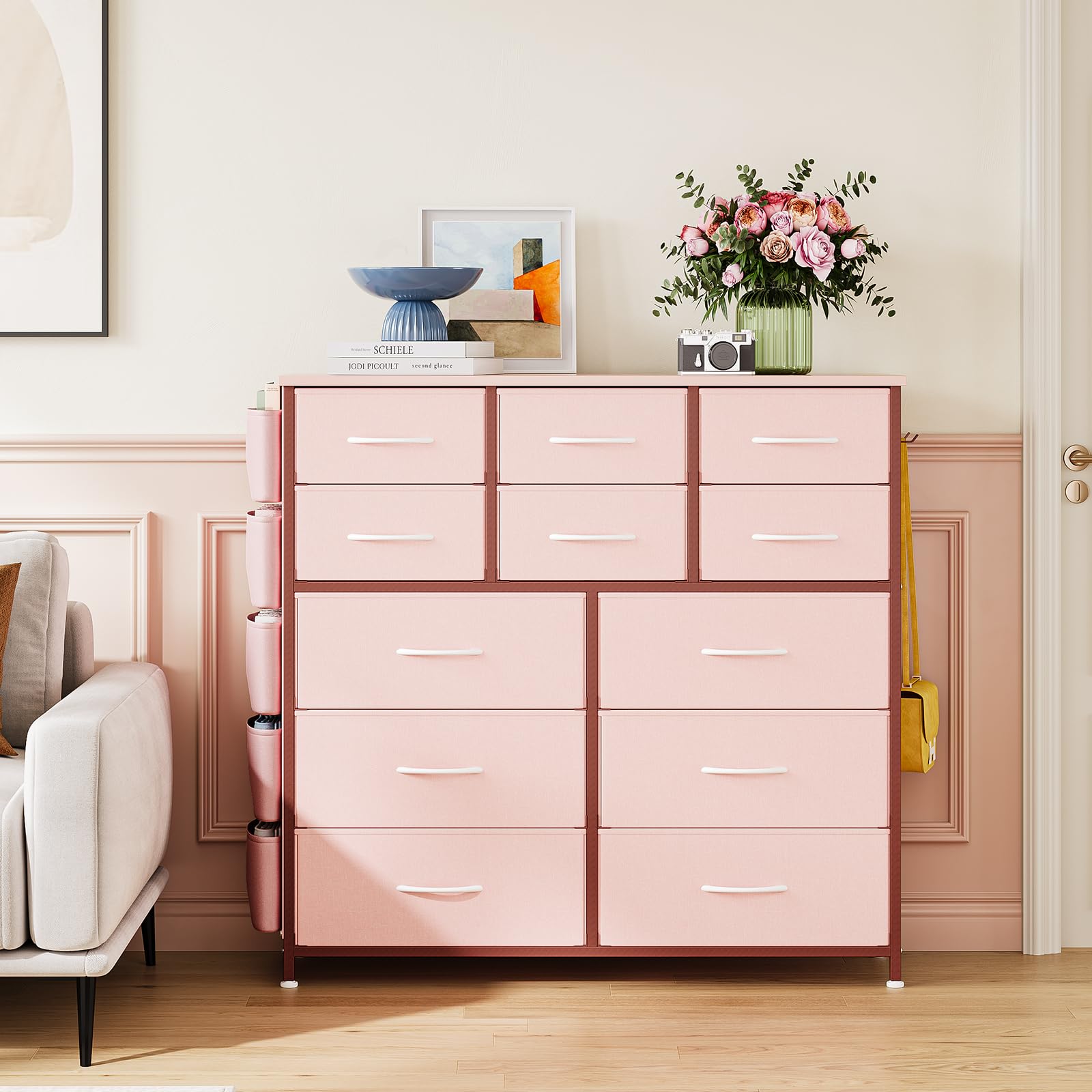 Pink 12 Drawer Dresser for Bedroom, Fabric Dressers & Chests of Drawers with Side Pockets, Chest of Drawers for Closet, Living Room, Closet, Hallway