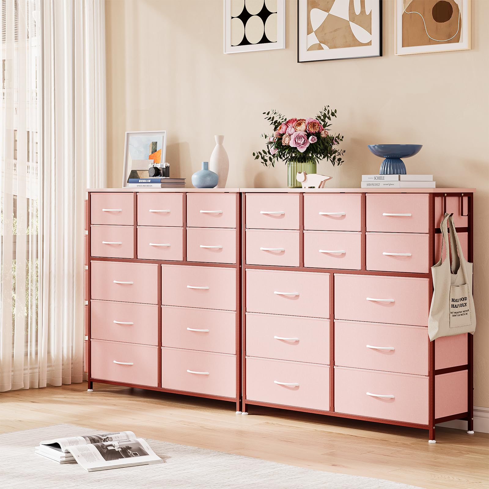 Pink 12 Drawer Dresser for Bedroom, Fabric Dressers & Chests of Drawers with Side Pockets, Chest of Drawers for Closet, Living Room, Closet, Hallway