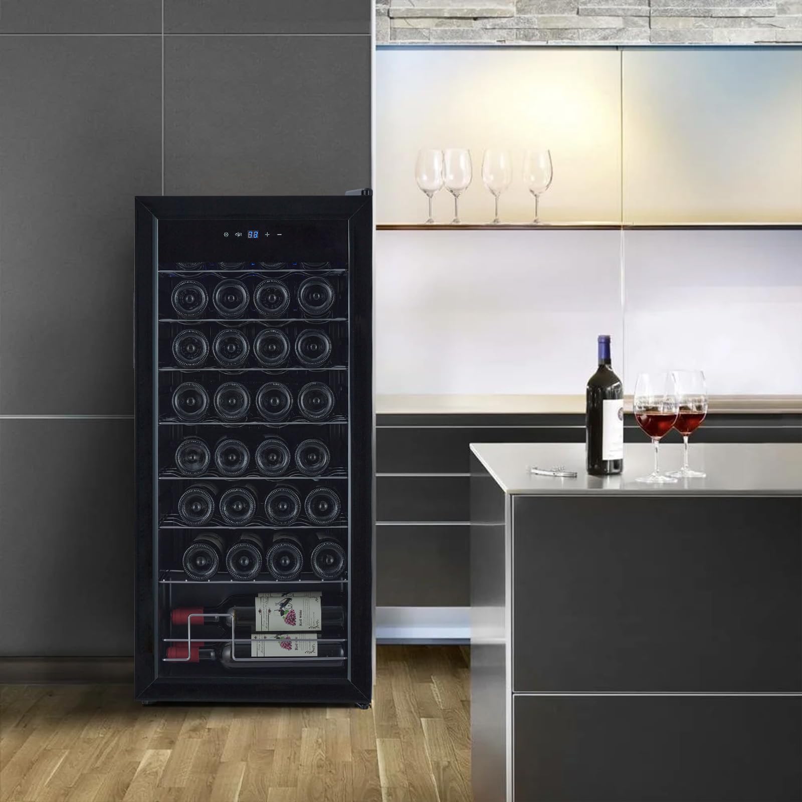 Takywep 32 Bottles Compressor Wine Cooler Refrigerator - 41℉-64℉ Freestanding Wine Cellar, Compact Design, Single Glass Door, Digital LED Touch Control, For Red, White, Champagne or Sparkling Wine