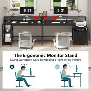 YOMILUVE L Shaped Desk with File Drawer and Storage Shelves, Reversible Computer Desk with Power Outlet for Home Office, Corner Gaming Desk with Full Monitor Stand