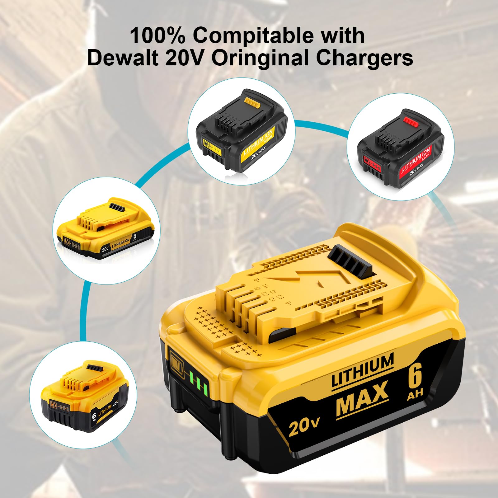 BEKBEKWAY 6.0Ah Replacement for Dewalt 20V Max Battery Compatible with Dewalt 20v Battery Lithium-ion Battery DCB200 DCB205 DCB207 DCB204 DCB201 DCB200 Series Power Tools 4Packs (Yellow)