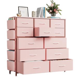 Pink 12 Drawer Dresser for Bedroom, Fabric Dressers & Chests of Drawers with Side Pockets, Chest of Drawers for Closet, Living Room, Closet, Hallway