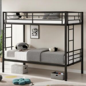 pvwiik twin over twin metal bunk bed for kids boys girls,metal structure bedframe with ladders & guardrail,convertible 2 beds,no spring box required,black