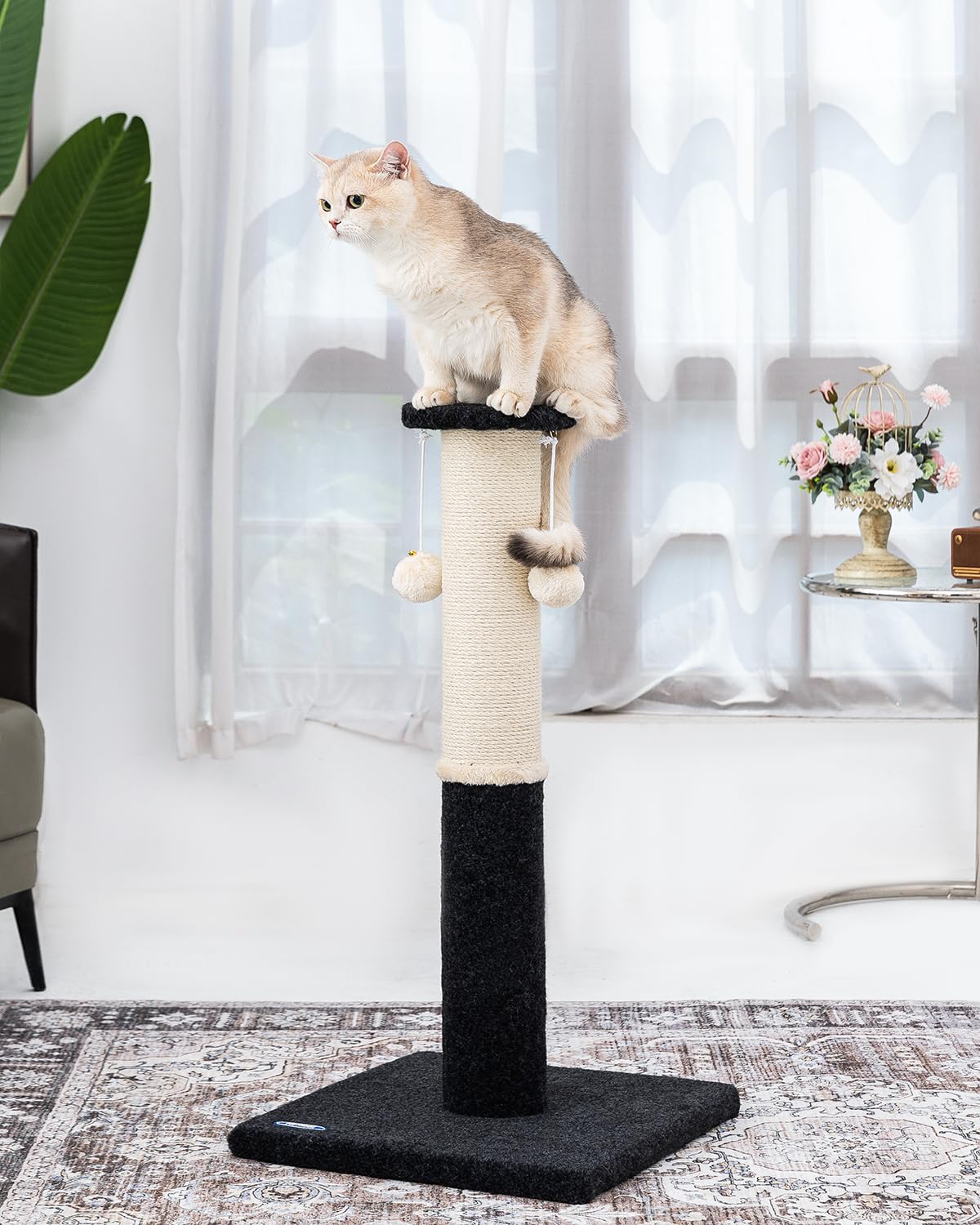 Komicoll 34-Inch Tall Cat Scratching Post for Indoor Cats, Large Carpet Scratch Post, Sisal Cat Scratcher, Sturdy and Durable Cat Post with Hanging Ball