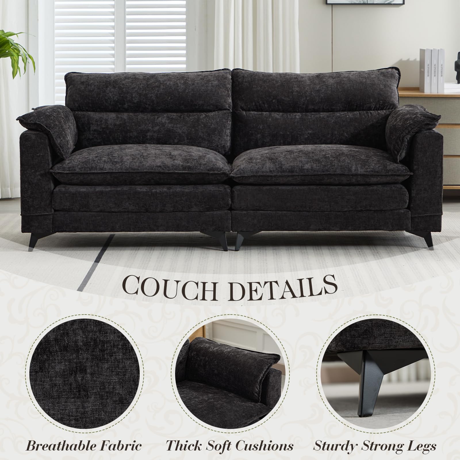 DRMBOOK 83.5" Comfy Couch Home Sofa Living Room Love Seat Couches, Morden Chenille Soft Upholstered Small Sofa Couch (Black)