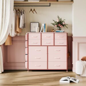 Pink 12 Drawer Dresser for Bedroom, Fabric Dressers & Chests of Drawers with Side Pockets, Chest of Drawers for Closet, Living Room, Closet, Hallway