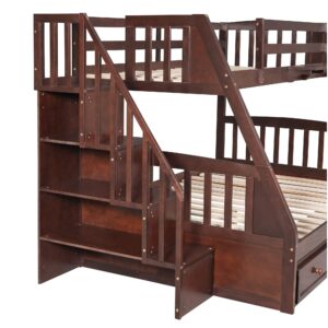 LostCat Twin Over Full Bunk Bed with Storage Drawers, Twin Over Full Size Bunk Beds with Stairs and Ladder for Kids, Teens and Adults, Easy Assembly, No Box Spring Needed, Espresso