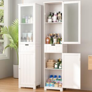 hlivelood 67inch bathroom cabinet, tall bathroom storage cabinet with drawer and adjustable shelf, floor freestanding cabinet for bathroom, kitchen, living room, white