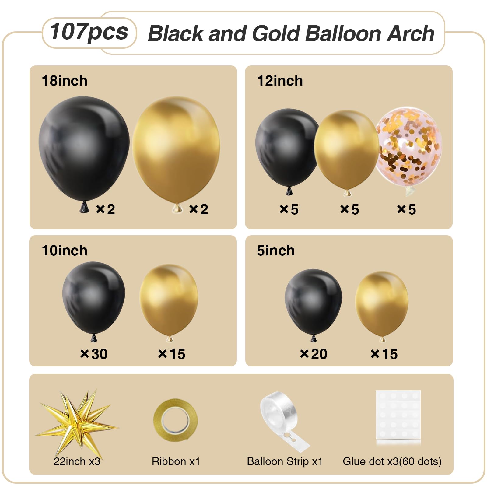 Black and Gold Balloon Arch Kit with 3pcs Starburst Balloons, 5 10 12 18 inch Black and Gold Garland Balloons for Graduation Bachelor Birthday Retirement Anniversary New Year Party Decorations