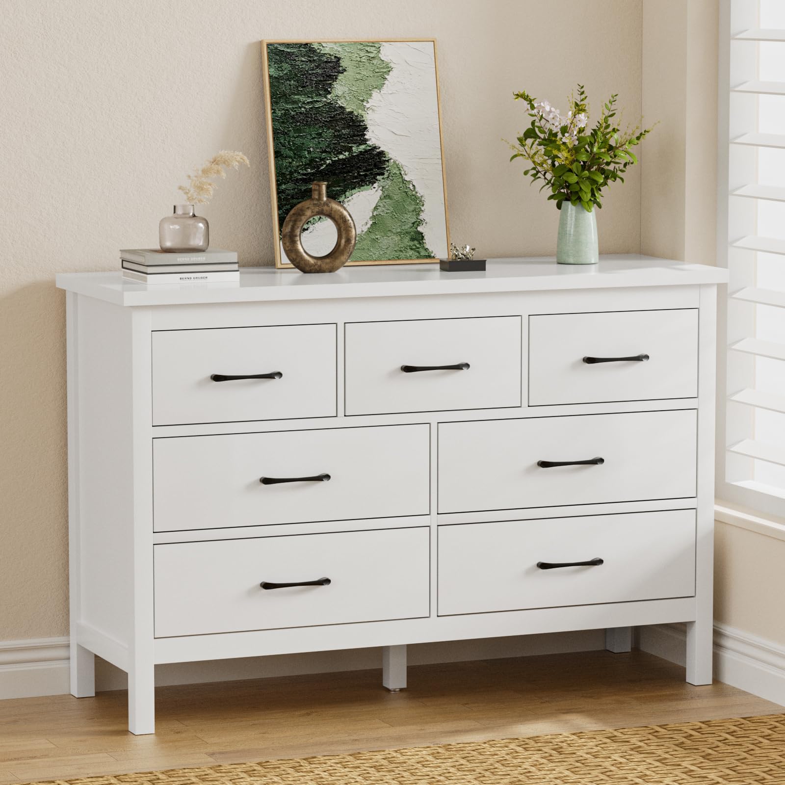 CARPETNAL White Dresser for Bedroom, 7 Drawer Dresser with Wide Drawers and Metal Handles, Woode Dressers & Chests of Drawers for Hallyway, Entryway.