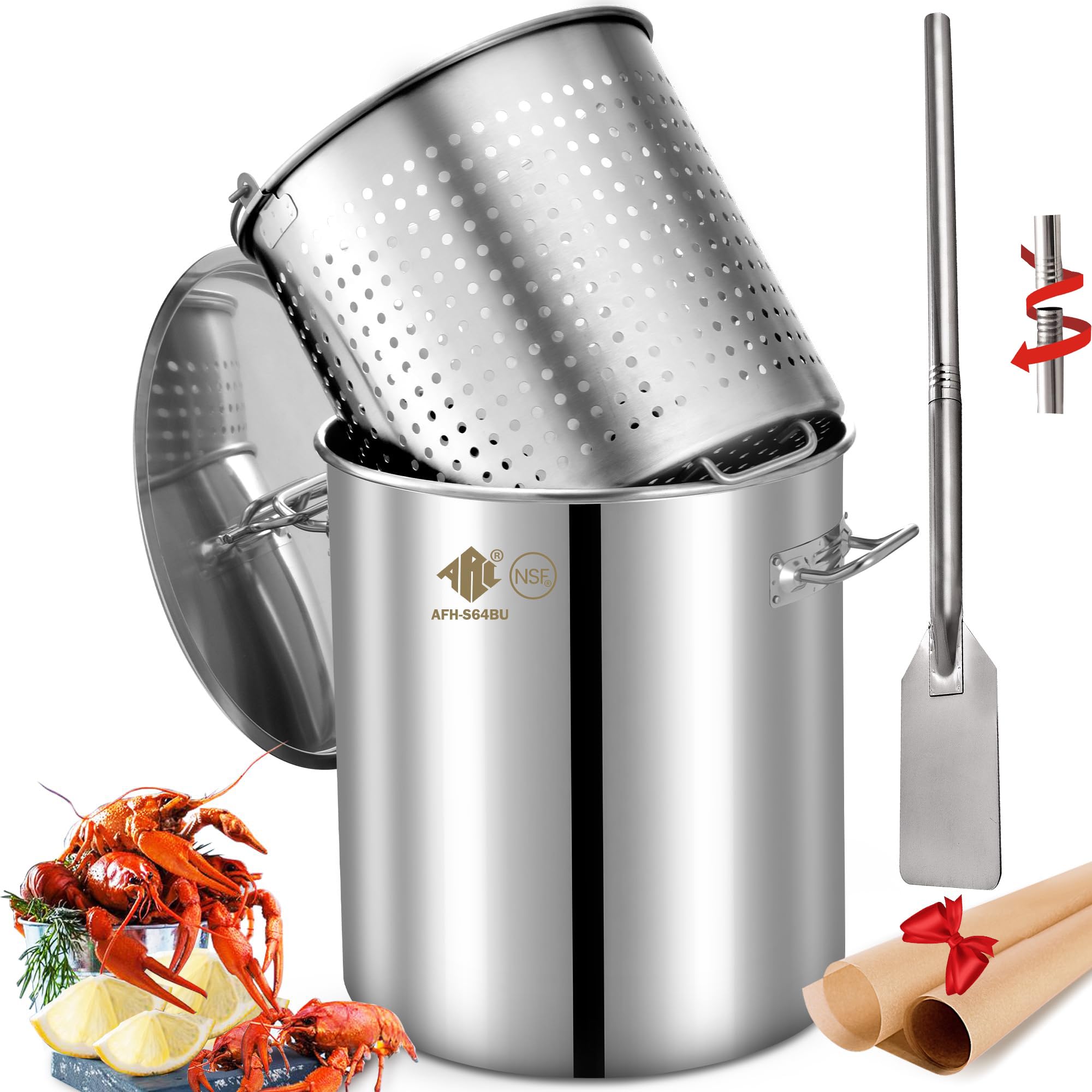 ARC 64QT Stainless Steel Seafood Boil Pot with Basket and 36" Mixing Paddle, Threads Removable Handle, Crawfish, Crab, Lobster, Shrimp Boil Stock Pot with Strainer, Turkey Fryer, Brewing Beer, 16Gal