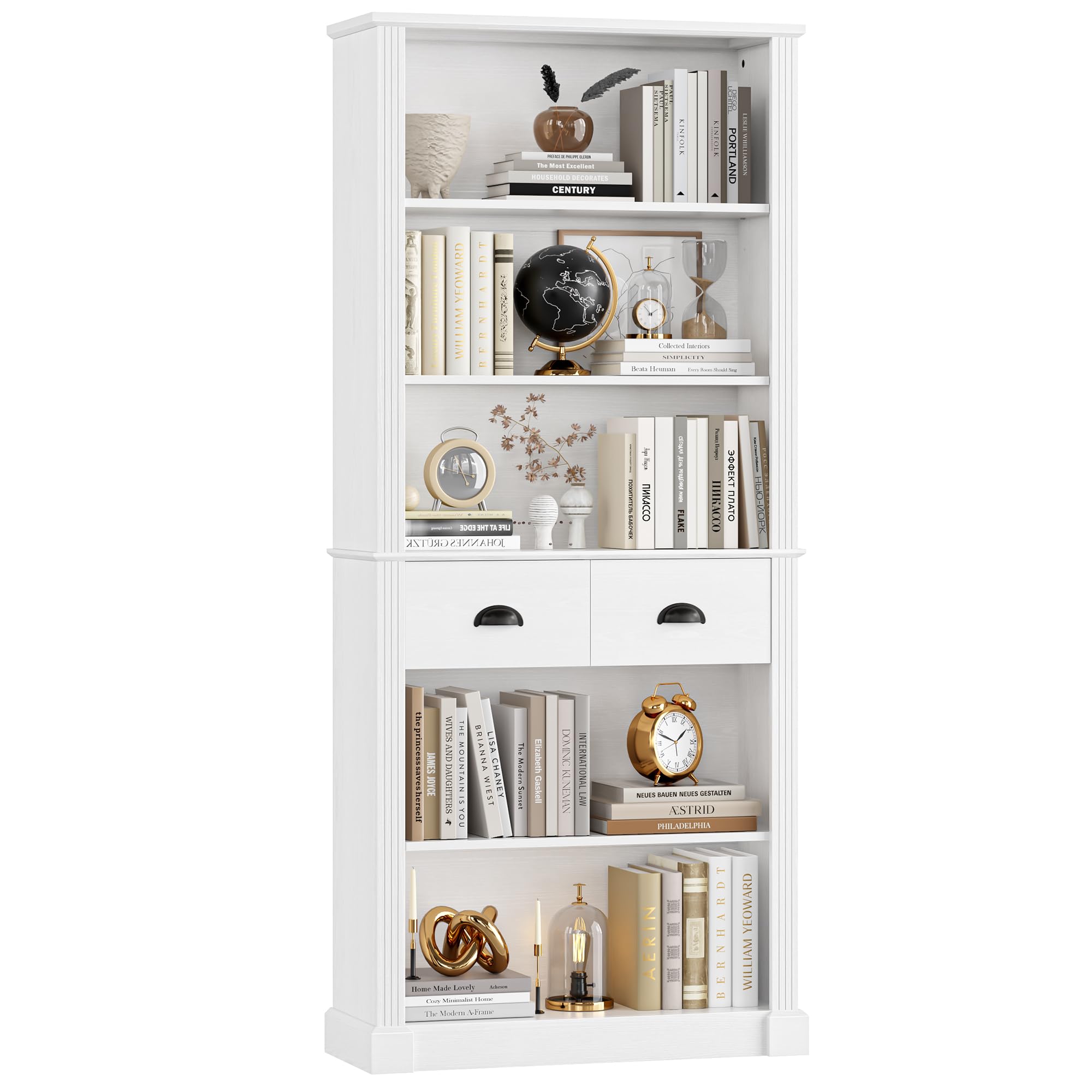 FACBOTALL 5-Tier Bookcase, Book Shelf with 2 Drawers, Tall Bookcase with Shelves, Vintage Display Storage Shelves, Bookshelves for Bedroom, Living Room and Home Office White