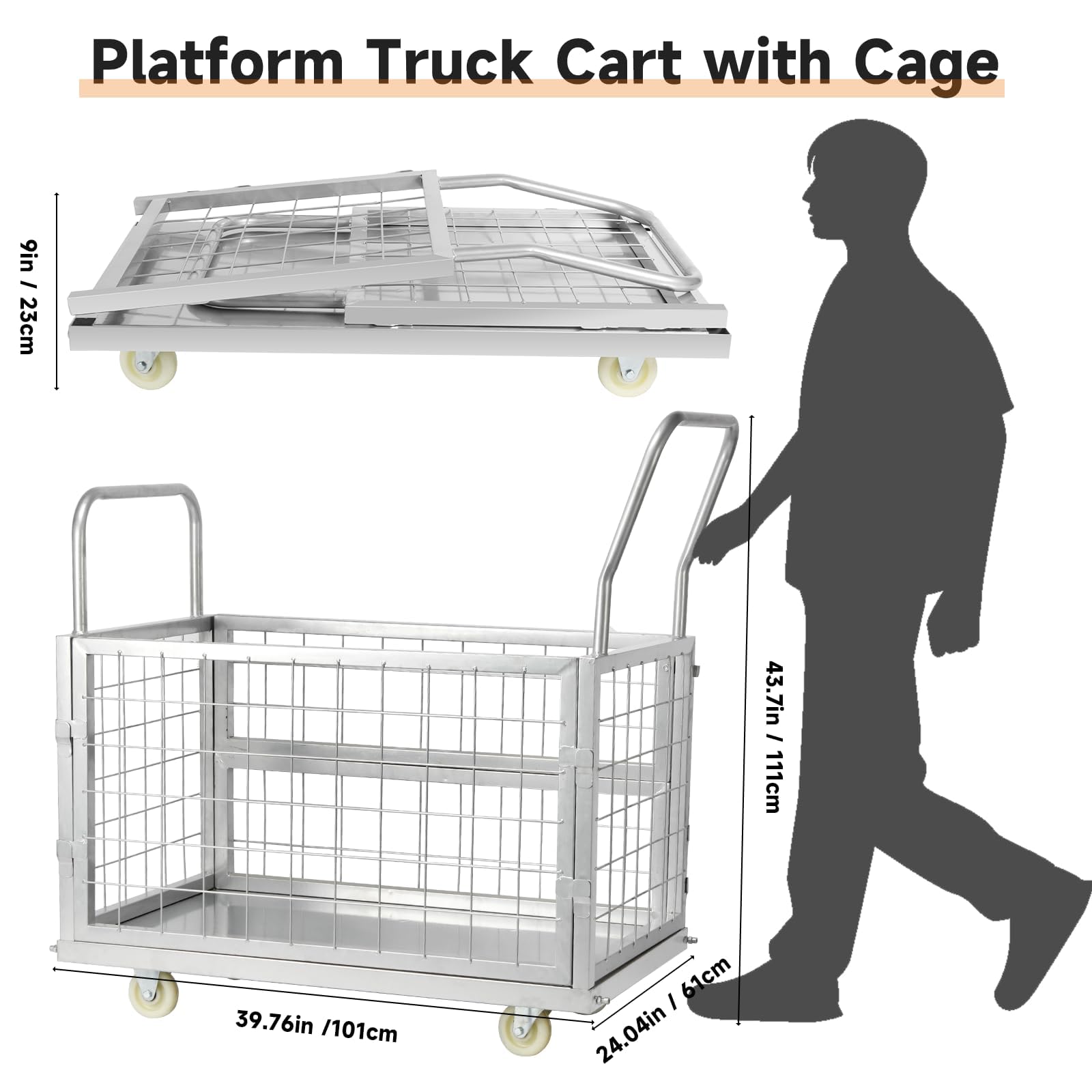 Platform Truck Cart with Cage,5IN1 Multi-Functional Cage Cart,Heavy Duty Flatbed Cart Load 2500LBS,40"×24" Push Cart for Laundry,Grocery, Storage