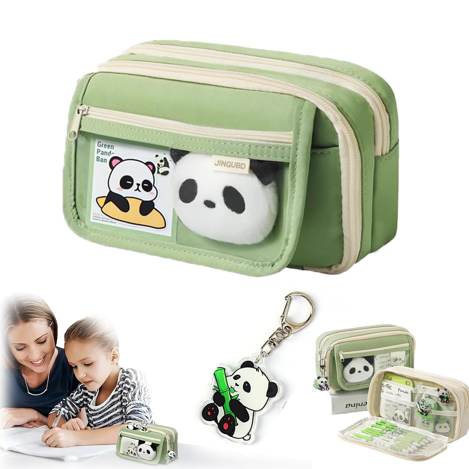 Cute Panda Pencil Case, Aesthetic Panda Bag Organizer with Compartment, Large Capacity Cute Pencil Case with Stickers Brooch Keychain, Pencil Pouch Stationery with Zipper (Green)