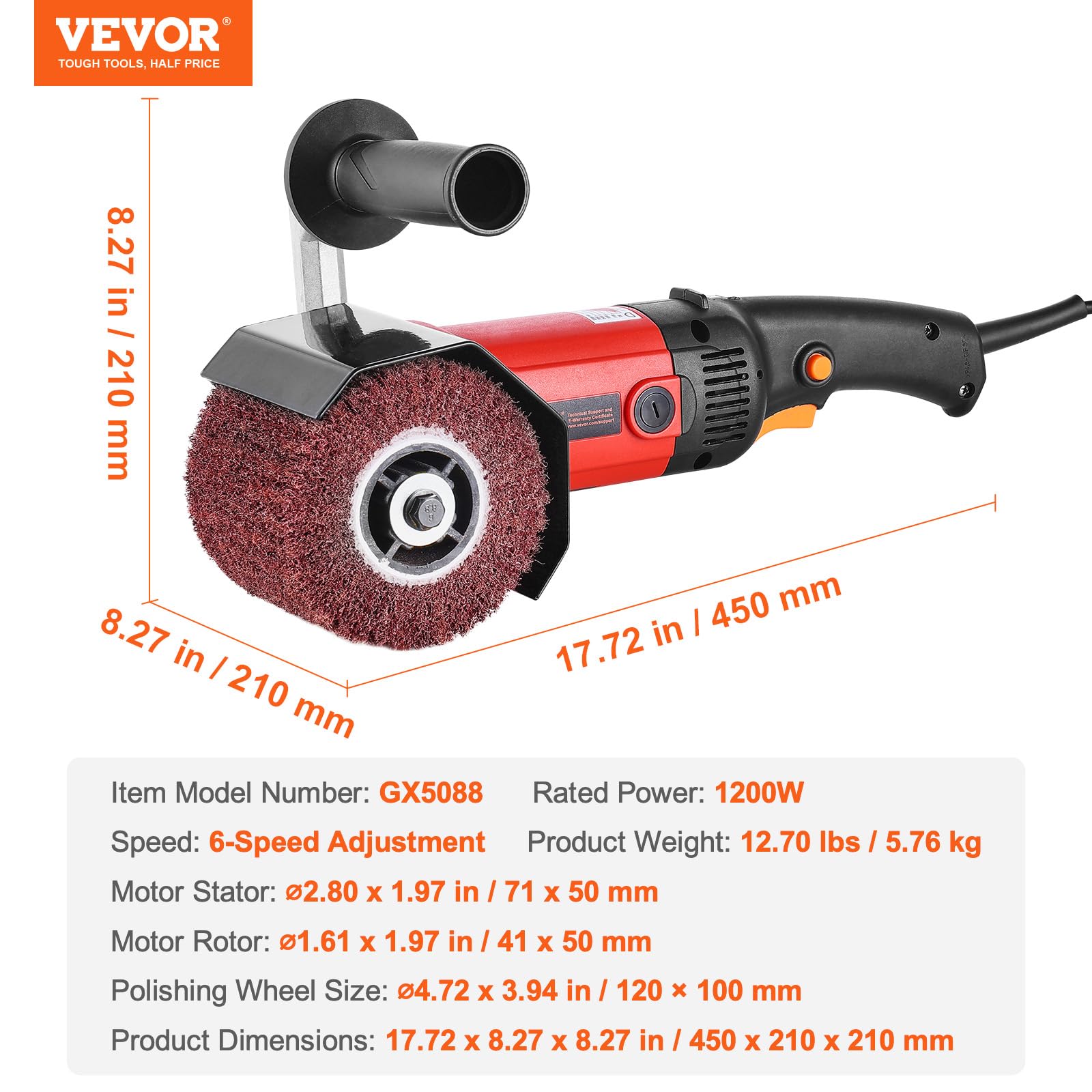 VEVOR Burnishing Polishing Machine, 1200W 6 Variable Speed Surface Conditioning Tool, Handheld Electric Metal Burnishing Machine with 4 Fiber Polishing Wheels for Stainless Steel, Non-Ferrous Metals