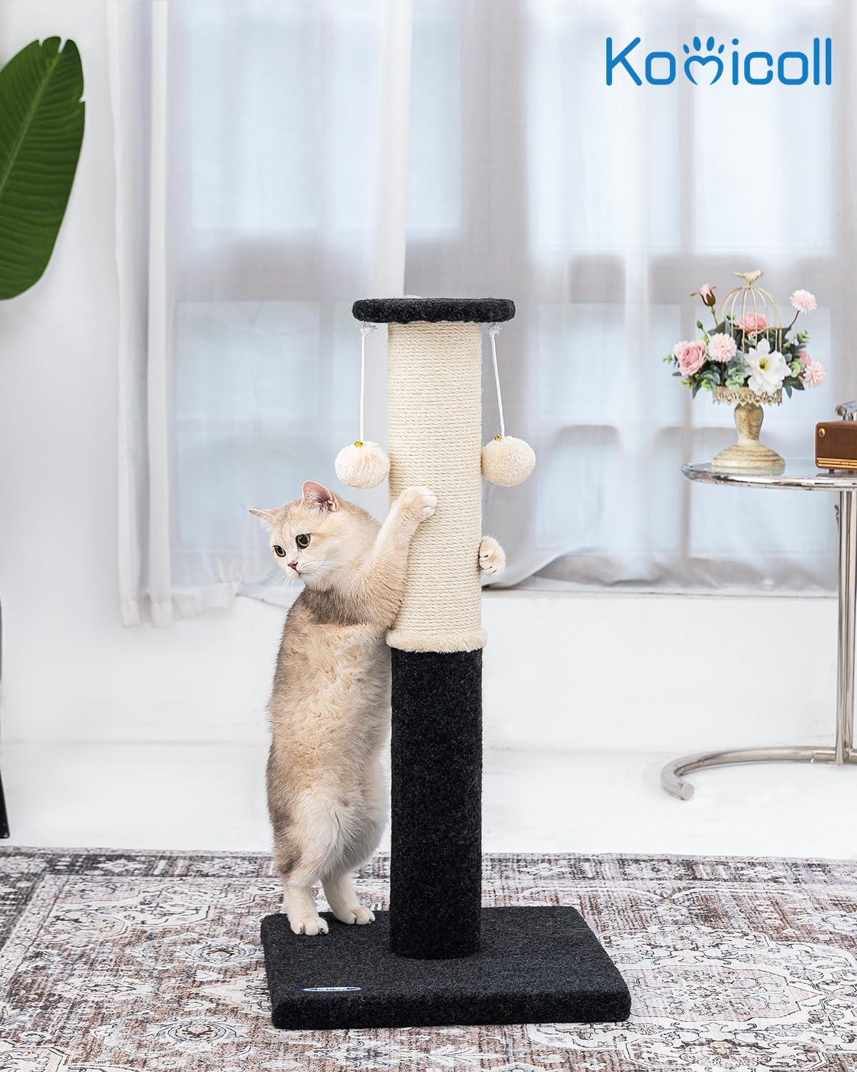 Komicoll 34-Inch Tall Cat Scratching Post for Indoor Cats, Large Carpet Scratch Post, Sisal Cat Scratcher, Sturdy and Durable Cat Post with Hanging Ball