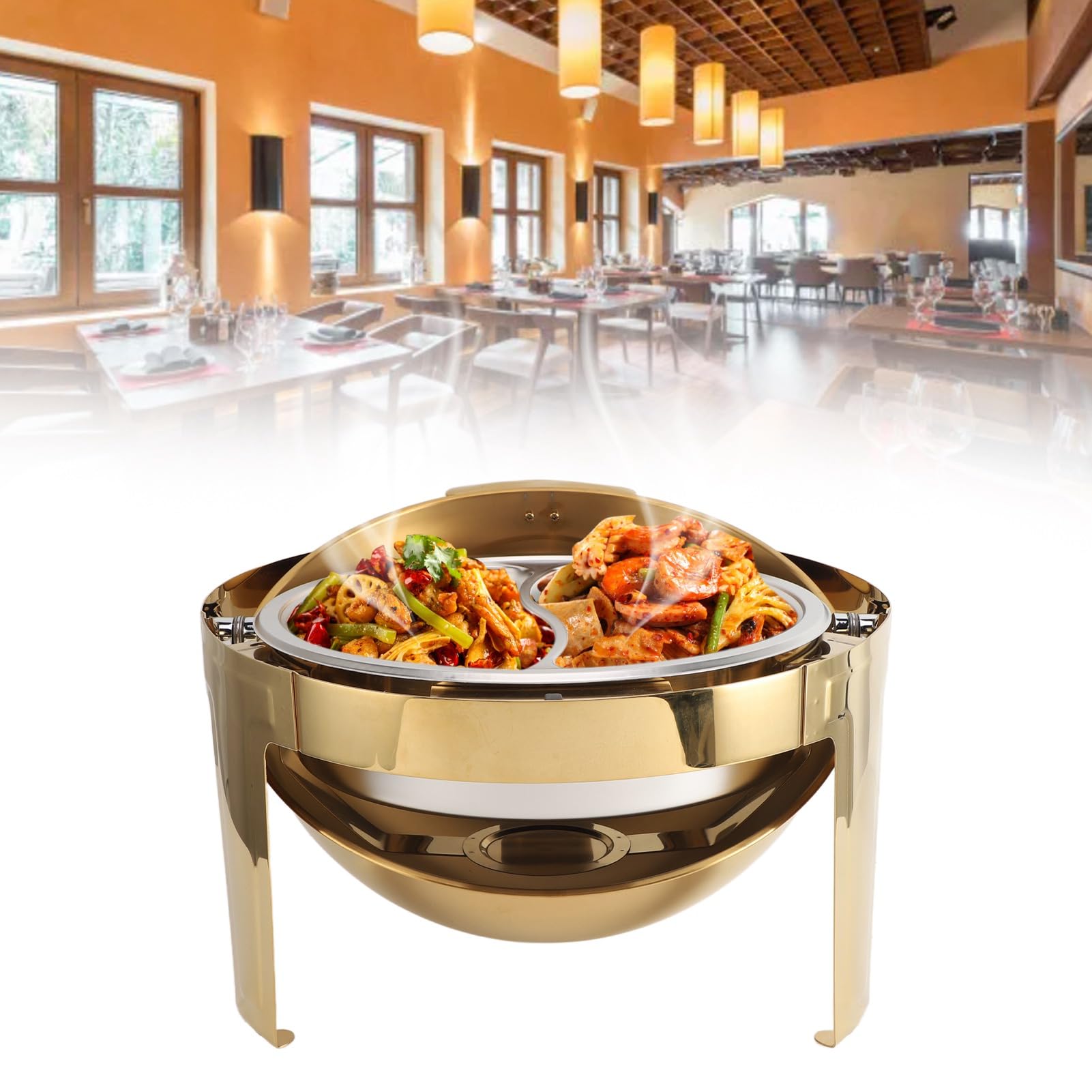 Stainless Steel Alcohol Heated Round Catering Food Warmer with Food Pan Visible Lid for Event Party Holiday Gold (2 Compartment Pan)