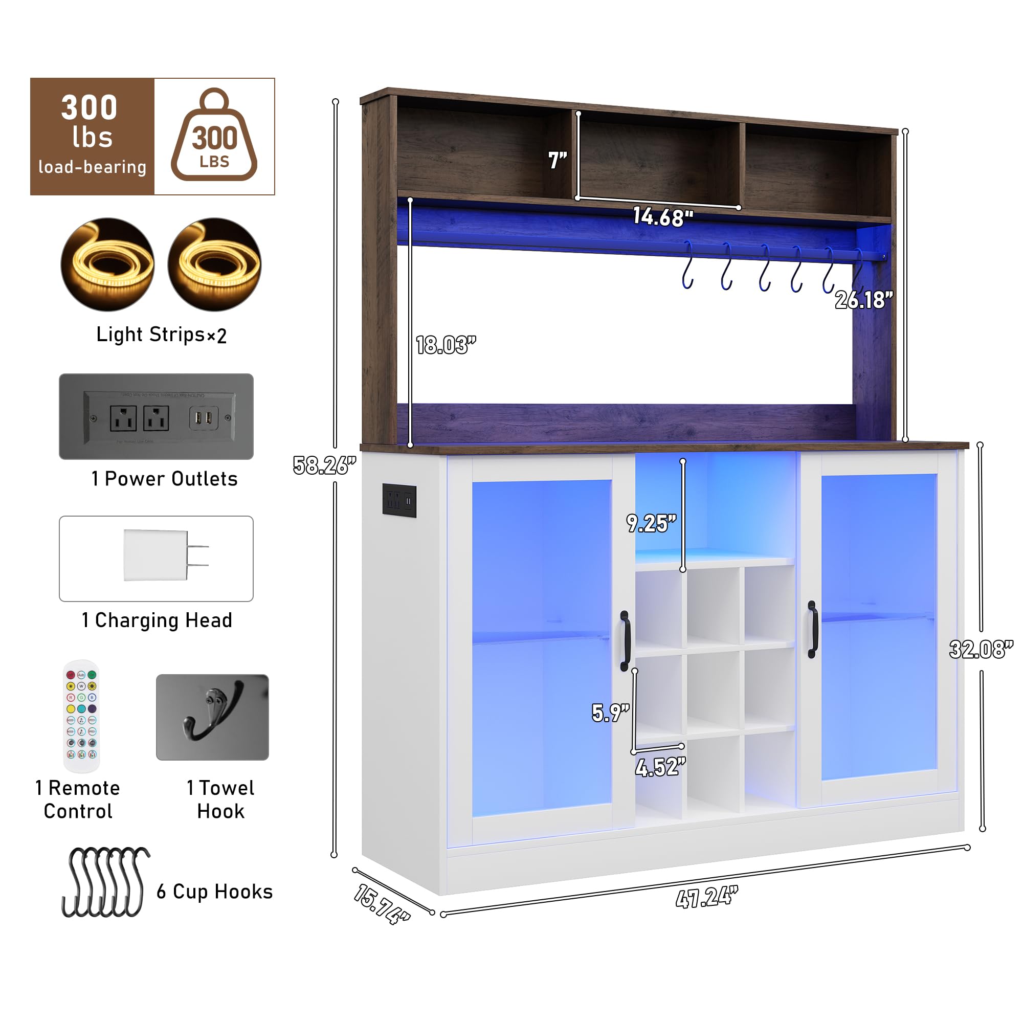 Vinctik 6&Fox Farmhouse LED Coffee Bar w/60000-color Lights,Power Outlet,7 Hooks,9Wink Racks,Adjustable Shelf for Tea Liquor Wine.Sliding Glass Door